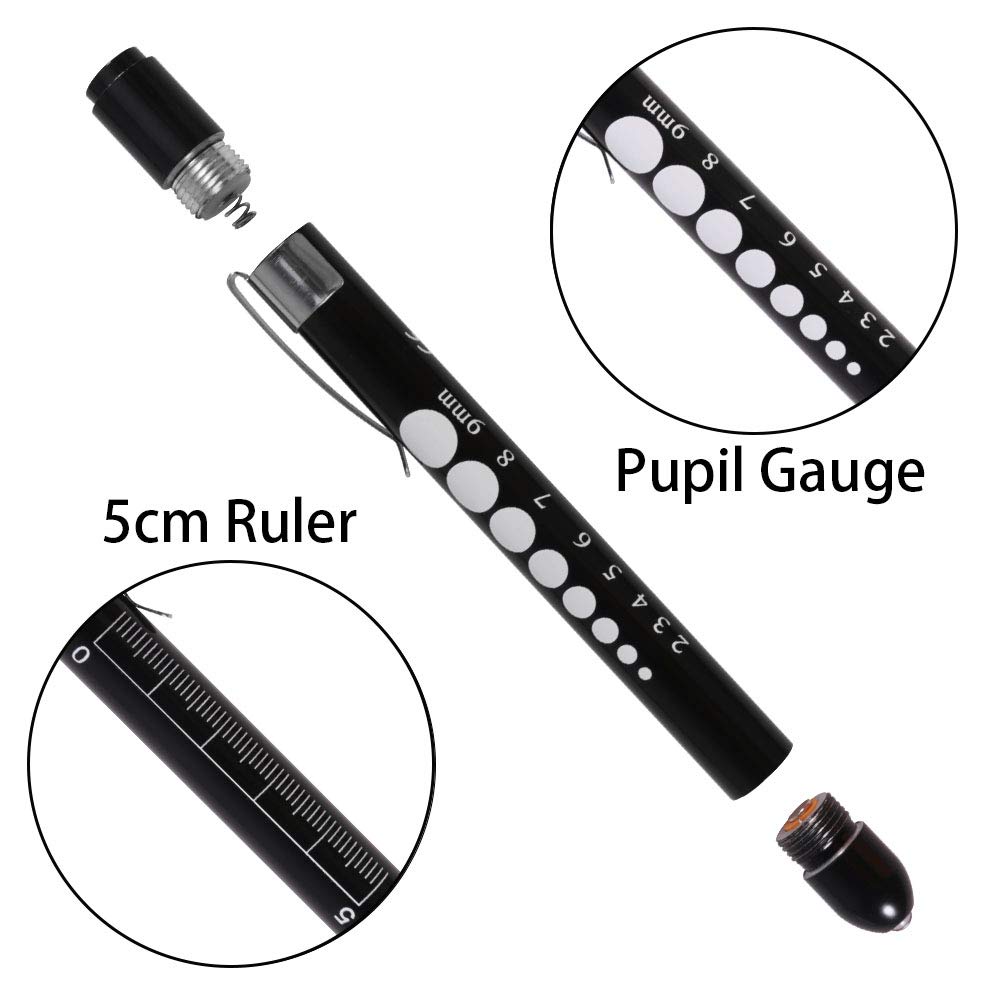 Aokin Pen Light with Pupil Gauge, Reusable LED Penlight Medical for Doctor Nurse Diagnostic etc, White Light, Black and White