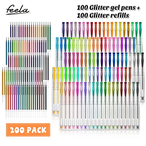feela 200 Pack Glitter Gel Pens Set 100 Gel Pen plus 100 Refills for Adult Coloring Books Drawing Art Markers