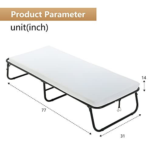 Guest Folding Bed Camping Cot Portable Beds Folding Bed Frame with 3.9 Inch Comfort Foam Mattress Strong Sturdy Frame Heavy Duty L77*W31*H12 Inches for Spare Bedroom & Office,White