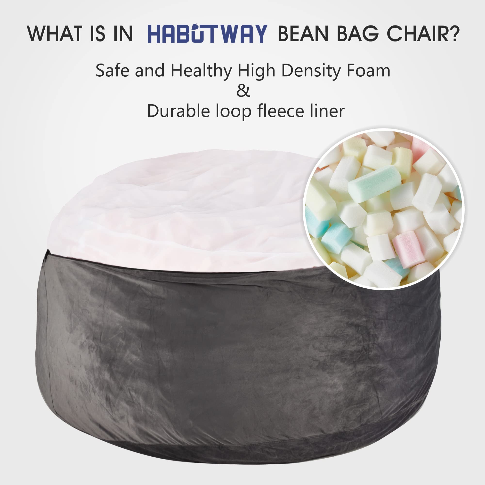 HABUTWAY Bean Bag Chair: Giant 5' Memory Foam Furniture Bean Bag Chair with Microfiber Cover - 5Ft,Silver Grey