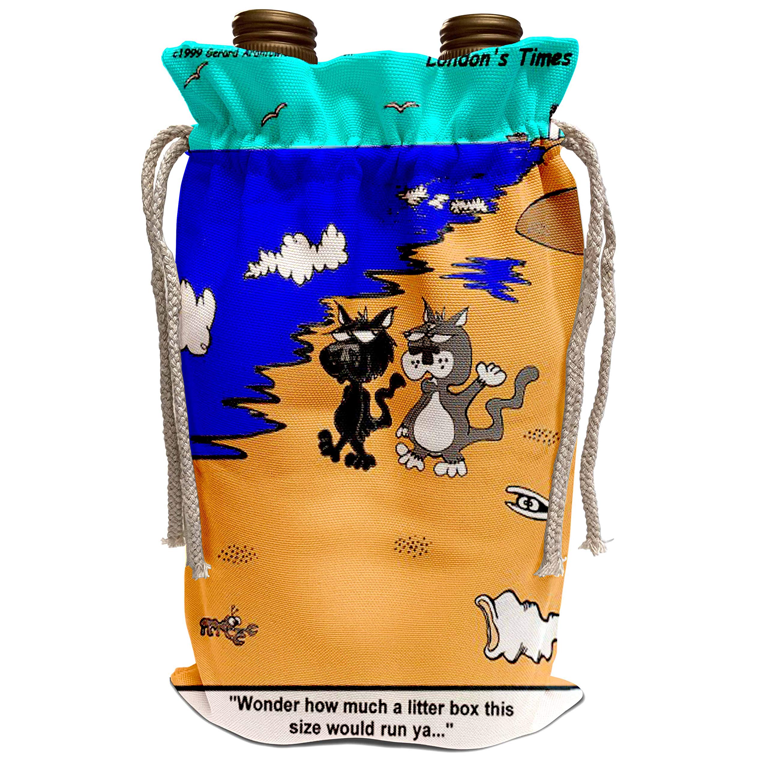3dRose Londons Times Funny Cat Cartoons - Cat Discovers Worlds Largest Litter Box - Wine Bag (wbg_2891_1)