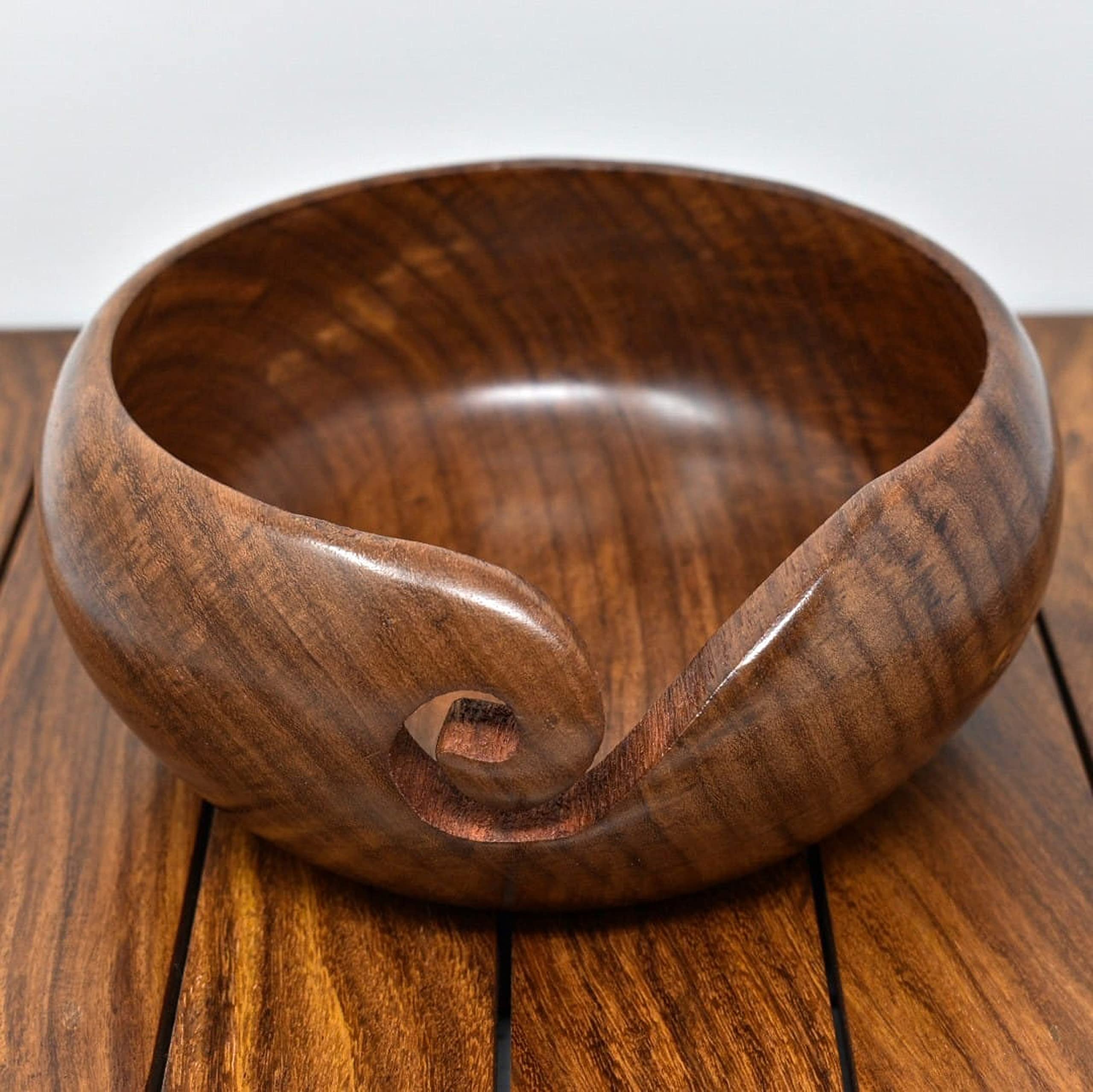 Ajuny Handmade Large Wooden Yarn Bowl with Holes Crochet Wool Ball Holder Elegant Design Decorative Knitting Bowl Storage Crocheting Accessories Gifts