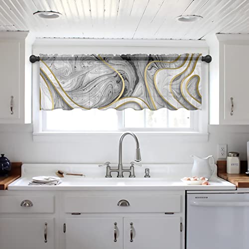 Chees D Zone Chiffon Window Valance Kitchen Curtains White Gray Abstract Marble,Rod Pocket Tier Curtain Light Filter Panel,Gold Foil Line Art Windows Valances Drapes for Bedroom,Bathroom 54x18In