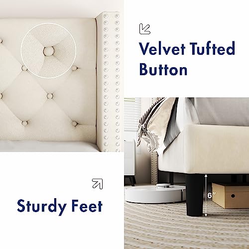 Lonkwa Queen Size Bed Frame with Upholstered Wingback, Beige Platform Bed Frame with Headboard Tufted Diamond Button, Sturdy Wooden Slats, Noise-Free, Easy Assembly