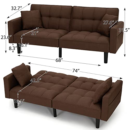 AVAWING Futon Sofa Bed, Modern Linen Fabric Convertible Sofa Bed Upholstered Sofa Couch Bed with Adjustable Back, Arms and High Strength Nylon Legs for Living Room, Apartment, Office(Brown)