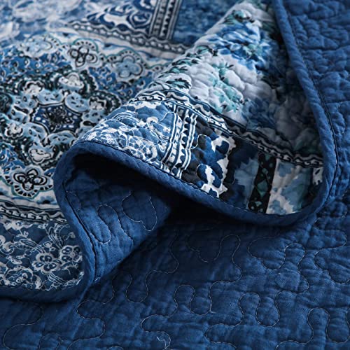 Blue Bohemain Bedspread King Quilt Set, 100% Cotton Coverlet King, Reversible Rustic Patchwork Printed Bedding Quilt Coverlet, 3 Pieces Boho Cotton Quilt Set for All Season King for Summer 94βx106ββ