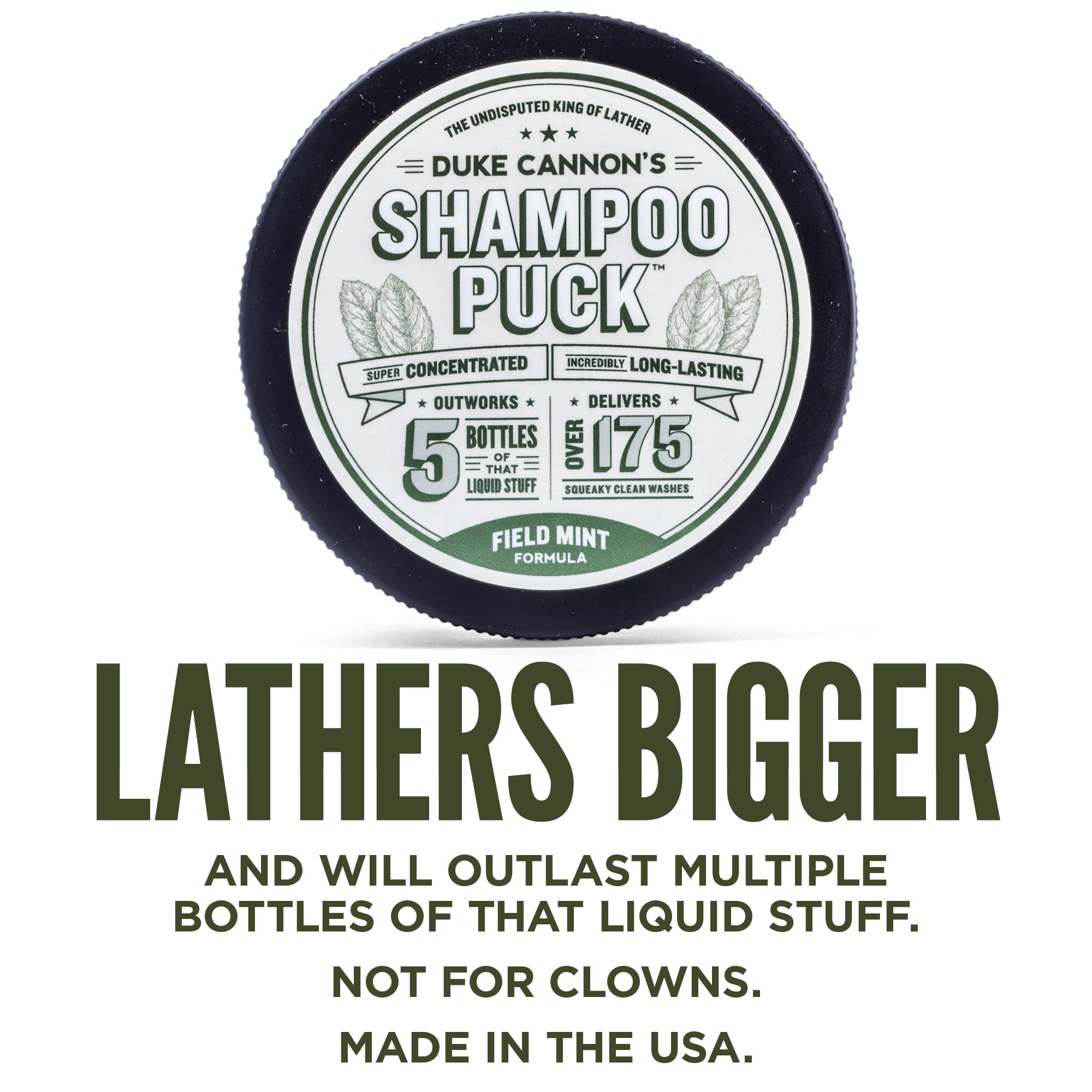 Duke Cannon Men's Shampoo Puck, Field Mint - Big Lather, Eucalyptus Peppermint Fragrance, Argan Oil & Oat Kernel Protein, 4.5 oz.