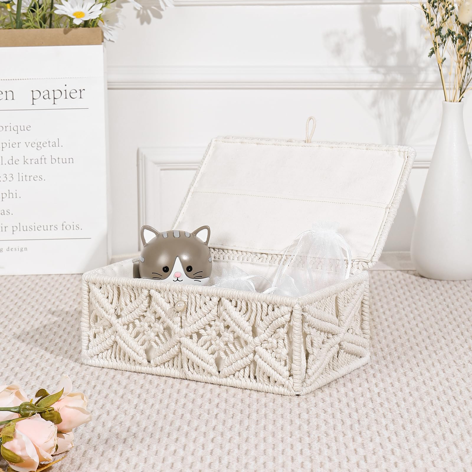 ANMINY Macrame Storage Basket with Lid & 25Pcs Organza Gift Bags Bohemian Jewelry Box Handmade Woven Natural Cotton Rope Lidded Bin Decorative Desktop Organizer Countertop Tank Shelf Cabinet Container