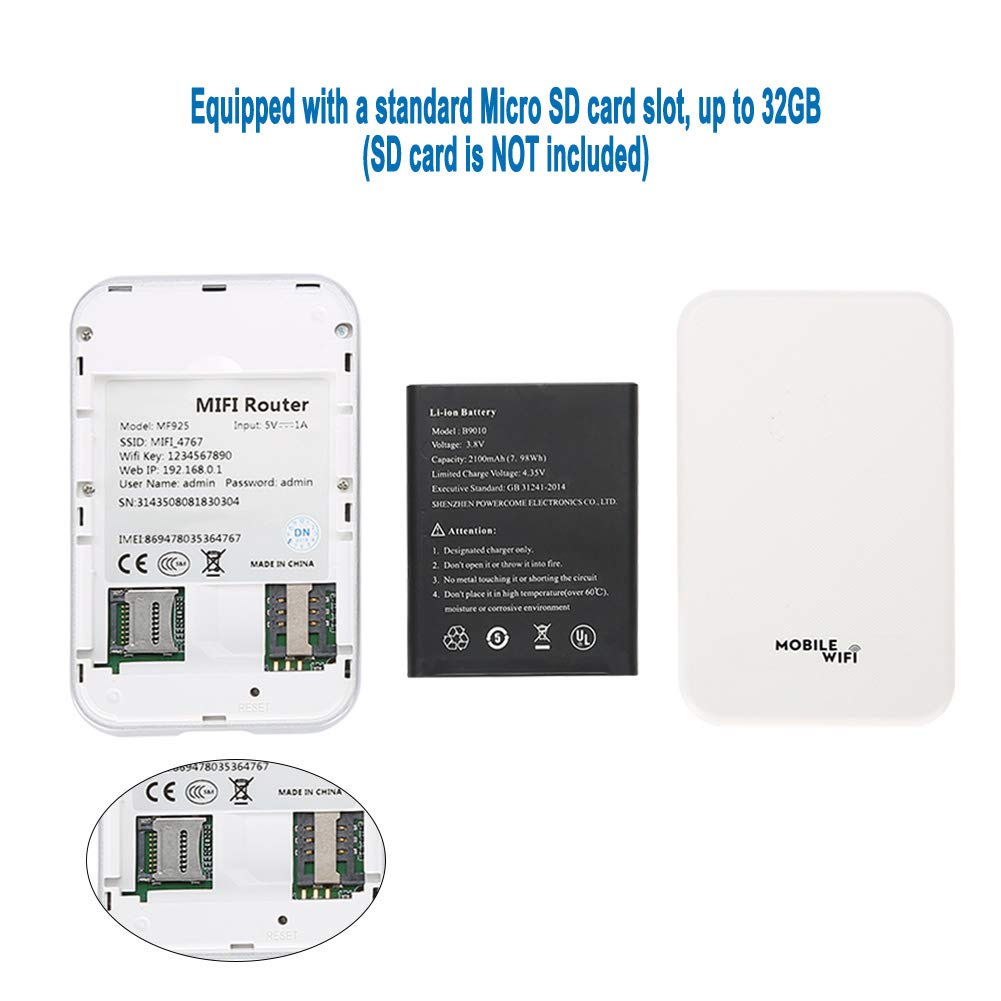 Bewinner Portable 4G Wireless WiFi Router, MF925 4G LTE WiFi Mobile Router, Unlocked Mini WiFi Box Data Terminal Box WiFi Wireless Router/Card Support 4G/LTE-FDD:B1/B3/B5, 3G/WCDMA:B1