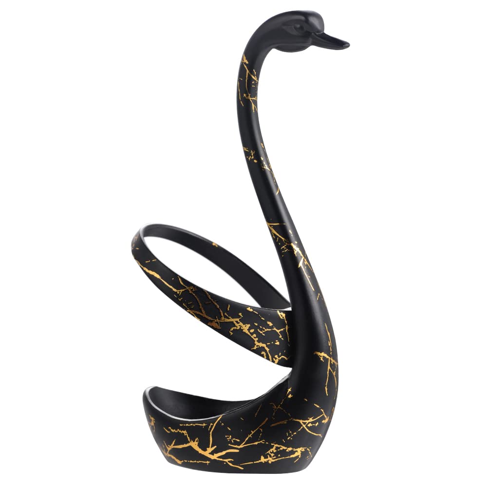 AnSaw Black Swan Base Holder with 5-Pieces 4.7-inch Small Coffee Spoons And 5-Pieces Dessert Fork,Leaf Handle Set (Black & Gold)