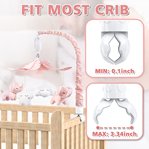 FEISIKE Crib Mobile for Girls with 3 Modes Music Box(Turn Only, Music Only, Turn & Music),12 Lullabies,Pink Elephant Nurser Mobile,Clamp Type,Pretty Box Packaging