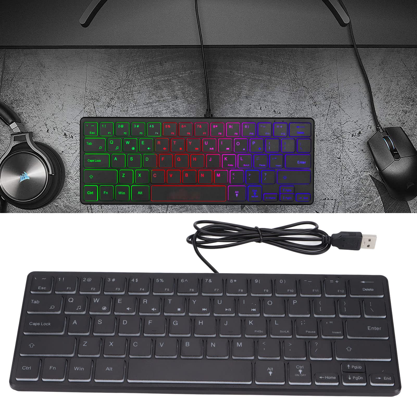 ASHATA Mini USB Wired Gaming Keyboard 64 Keys RGB Backlights Computer Gaming Keyboard for Desktop Notebook Computer, Plug and Play