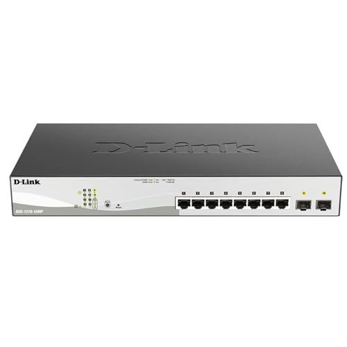 D-Link 10-Port Gigabit Smart Managed PoE+ Switch | 8 PoE+ Ports (130W) + 2 SFP Ports | L2+ | VLANs | Web Managed | Surveillance Mode | Desktop or Rackmount | Fanless | NDAA Compliant (DGS-1210-10MP)