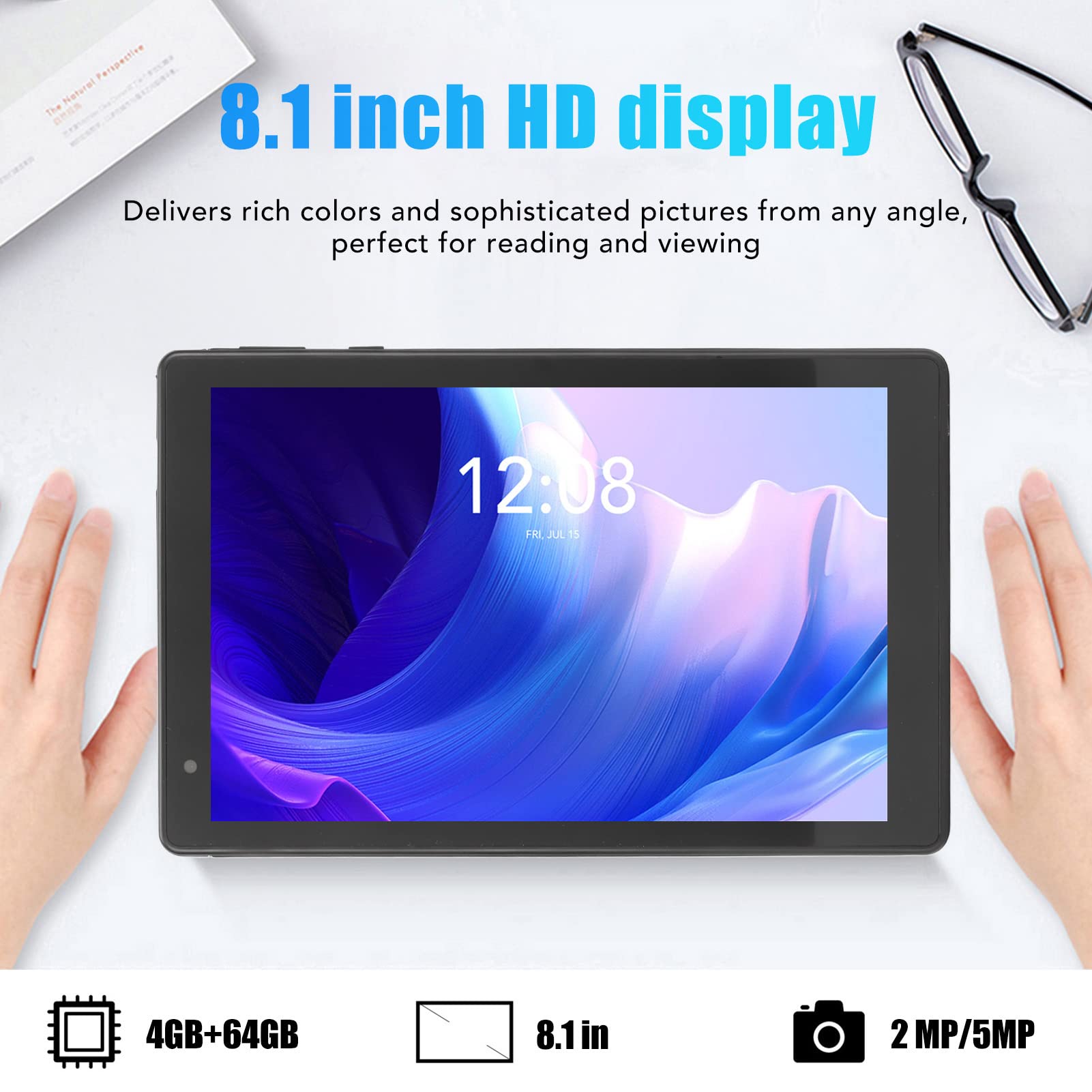 8.1 Inch Tablet, Android 10 2.4/5Ghz WiFi Tablet PC, 4+64GB, MTK6592 CPU, 720x1280P, with 3 Card Slots, Black, for Entertainment