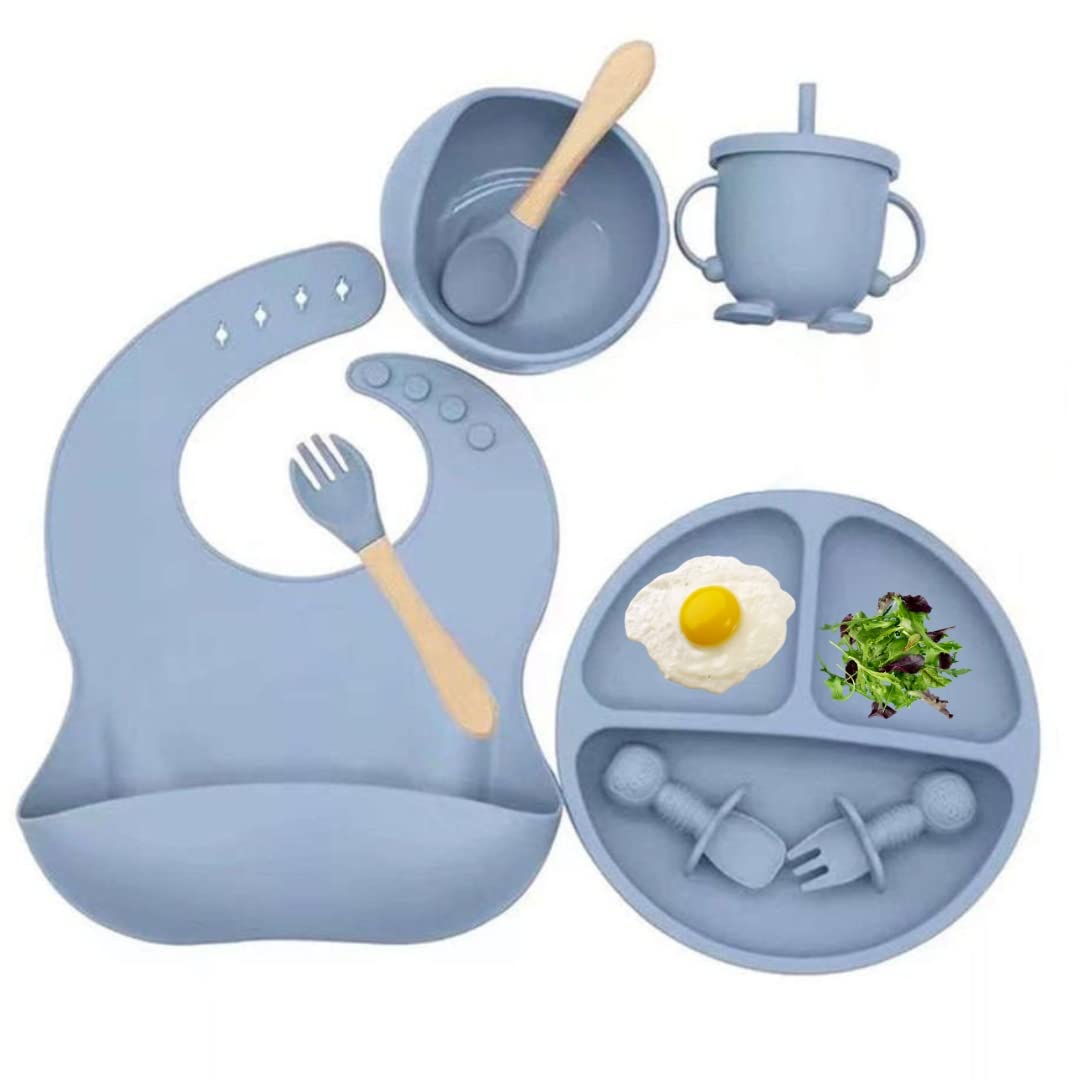 9 PCS Baby Feeding Set-Suction Plate,Suction Bowl,Baby Spoons & Forks,Bibs,Sippy Cup,Multiuse Cup. First Stage Self-Feeding Utensils Set - Dishwasher Safe. Food Grade Silicone (Sky Blue)