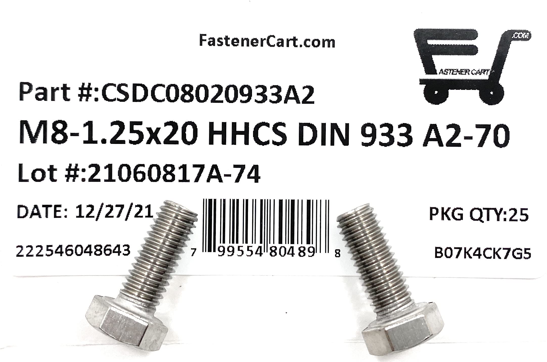 M8-1.25 X 20 Hex Head Cap Screw Hex Bolts DIN933 (M8x20) Full Thread A2-70 Stainless Steel (25 Pieces)