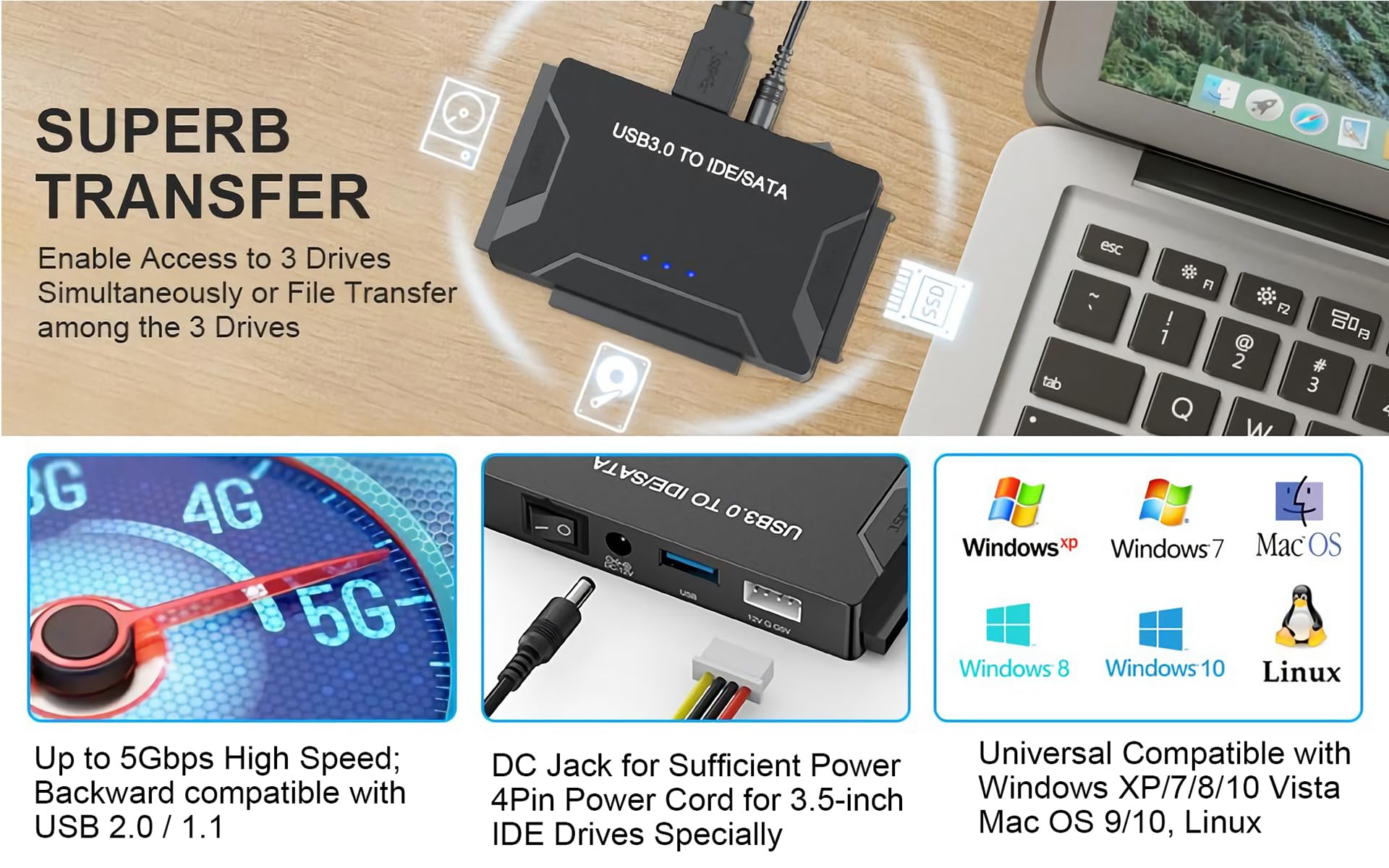 EYOOLD USB 3.0 to SATA IDE Adapter, Hard Drive Reader External Ultra Recovery Converter Compatible with 2.5" 3.5" HDD, SSD,5.25-inch DVD/CD-ROM Optical Drive Data Transfer with Power Supply