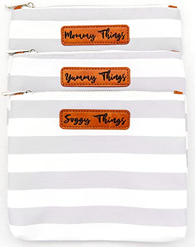 Stylish Diaper Bag Organizing Pouches - XL Set of 4 Gray and White Striped Canvas Diaper Bag Pouches with Leather Embossed Labels, Leather Wristlet Strap & Durable Metal Zippers