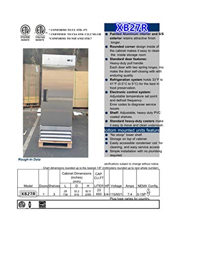 Commercial Refrigerator 1-Door Solid Upright Reach in Stainless Steel NSF 29" Width, Capacity 23 Cuft, Bottom Mounted Restaurant Quality Kitchen Cooler Fridge
