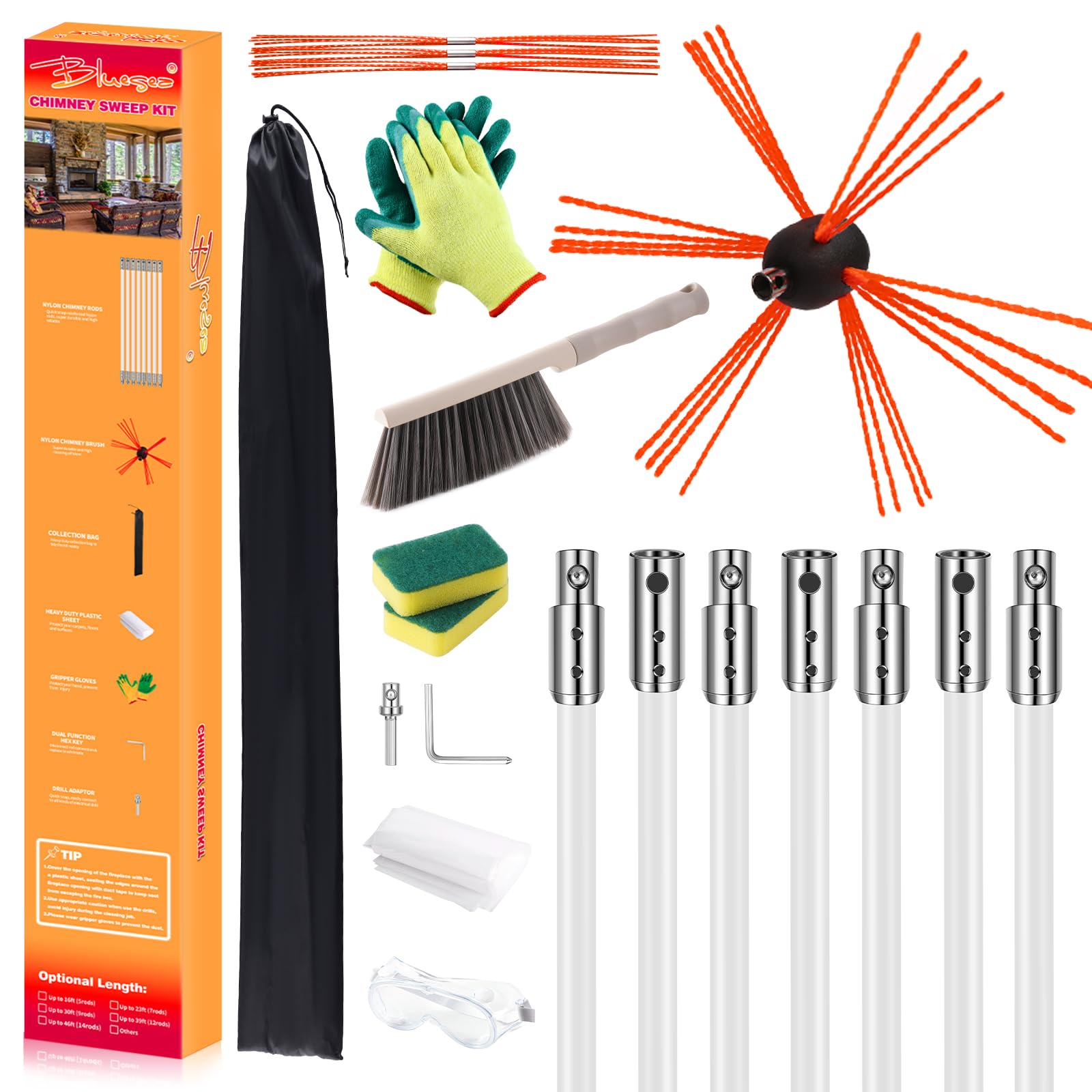 Bluesea 23 Feet Chimney Sweep Kit, Ergonomic Chimney Cleaning Kit, Extends Up to 23 Feet, Chimney Cleaner, Chimney Cleaning Tools, Chimney Cleaning System with Strong Brush, 7 Flexible Chimney Rods