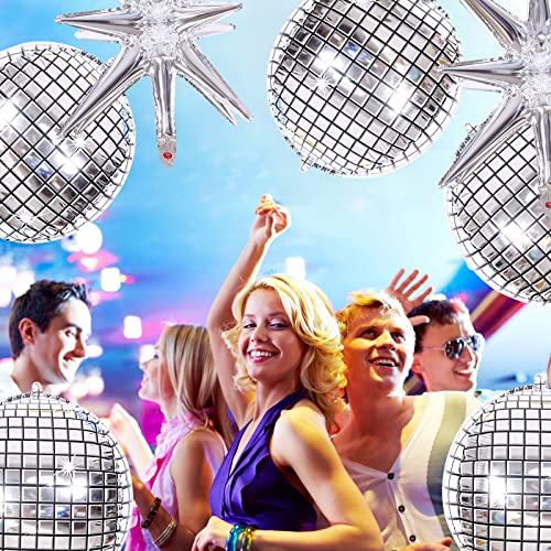 9 Pcs Giant Silver 4D Disco Ball Balloons, 22 Inch Silver Explosion Star Foil Mylar Balloons And 4D Round Metallic Silver Disco Balloons For 70s 80s 90s Disco Theme Party Decorations