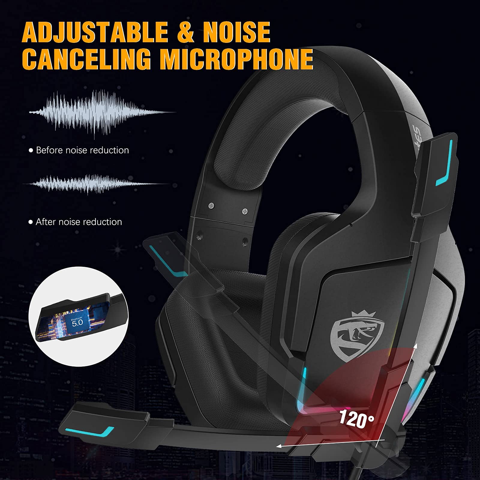 52HZ Gaming Headset, Hurround Hound Headset, Cool LED Light Headphone with Mic Light, PC Headset, Excellent Sound Quality Over-ear Headset for PC, Xbox One, Xbox series X|S, PS5, PS4, Black