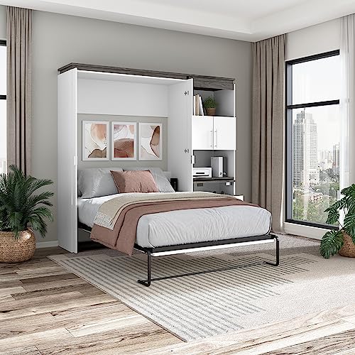 Bestar Orion Murphy Bed with Storage Cabinet and Fold-Out Desk (91W), Sleeping Arrangement with Work Surface, Full, White & Walnut Grey