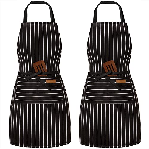 BeLuyi 2 Pack Adjustable Bib Apron with 2 Pockets Chef Cooking Kitchen Restaurant Aprons for Women Men (Black/Black Stripes)