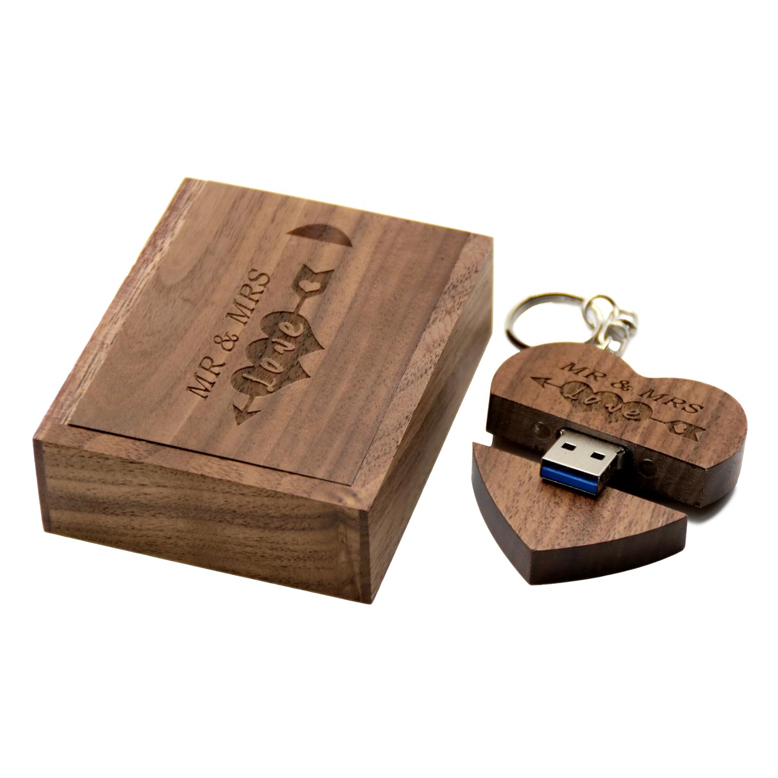 LXSINO 32GB Wood USB 3.0 Flash Drive with Laser Engraved Mr & Mrs Design - 32GB Wooden Heart Shape USB Memory Stick Thumb Drivers with Box for Wedding/Couple/Parents (Walnut 32GB)