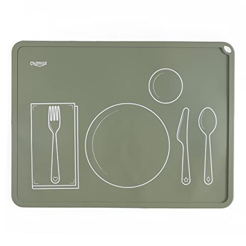 CHAMOS Montessori Placemat for Toddlers - Kids Silicone Mats for Dining Table - Set of 2 - Table Setting Learning (Sage and Beige)