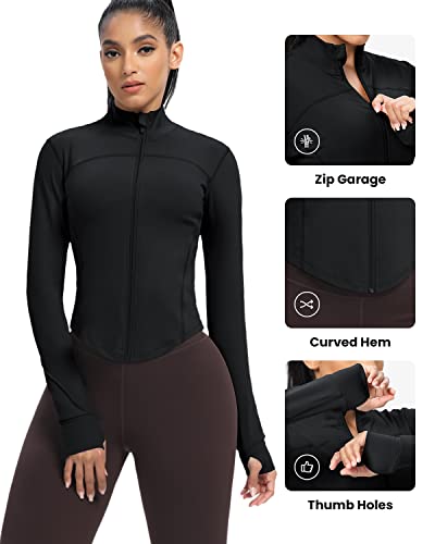 AVGO Women's Cropped Running Workout Jackets Zip Slim Fit Athletic Tops with Thumb Holes(Black, S)
