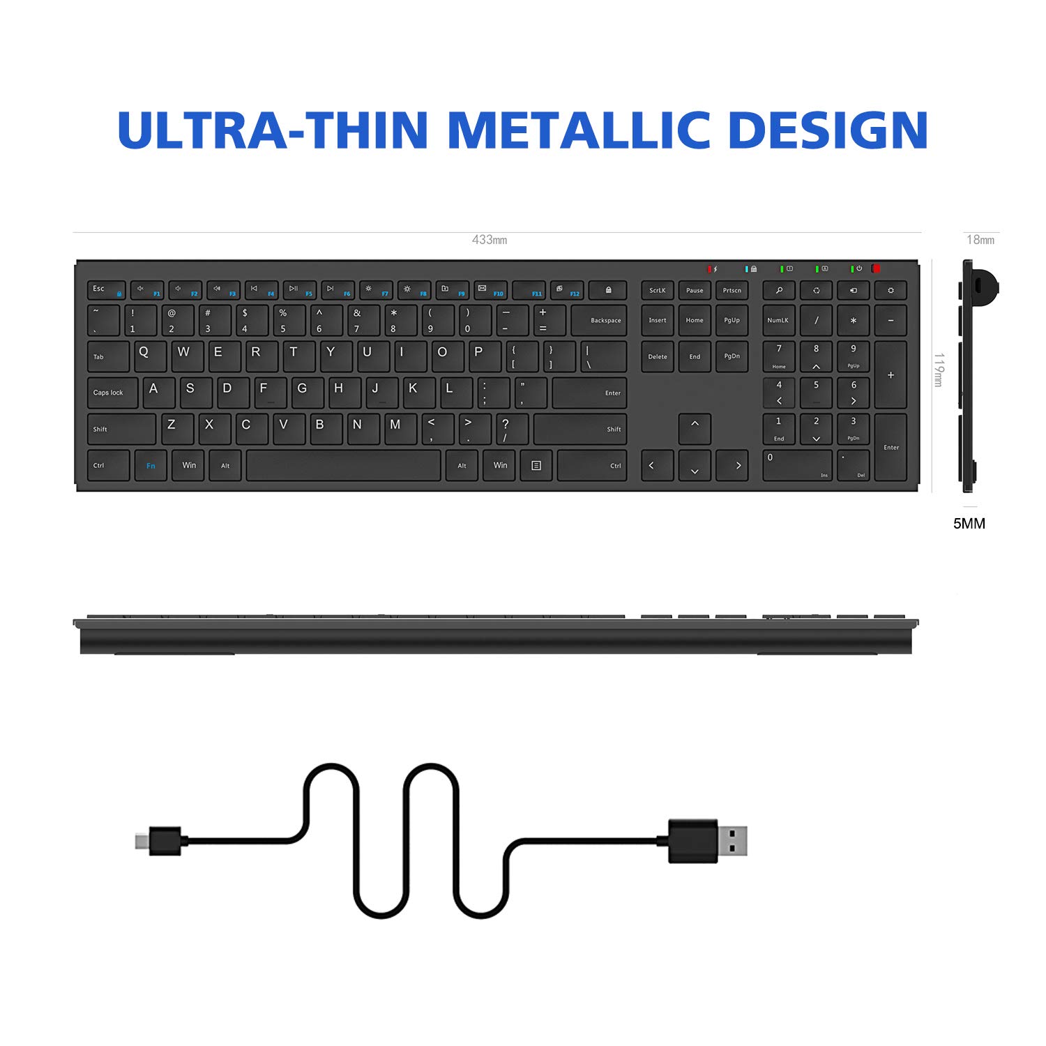 Rechargeable Wireless Keyboard, cimetech Compact Full Size Wireless Keyboard (Black)