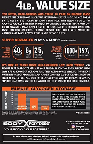 Body Fortress Super Advanced Mass Gainer Whey Protein Powder, Gluten Free, Chocolate, 4 Lb