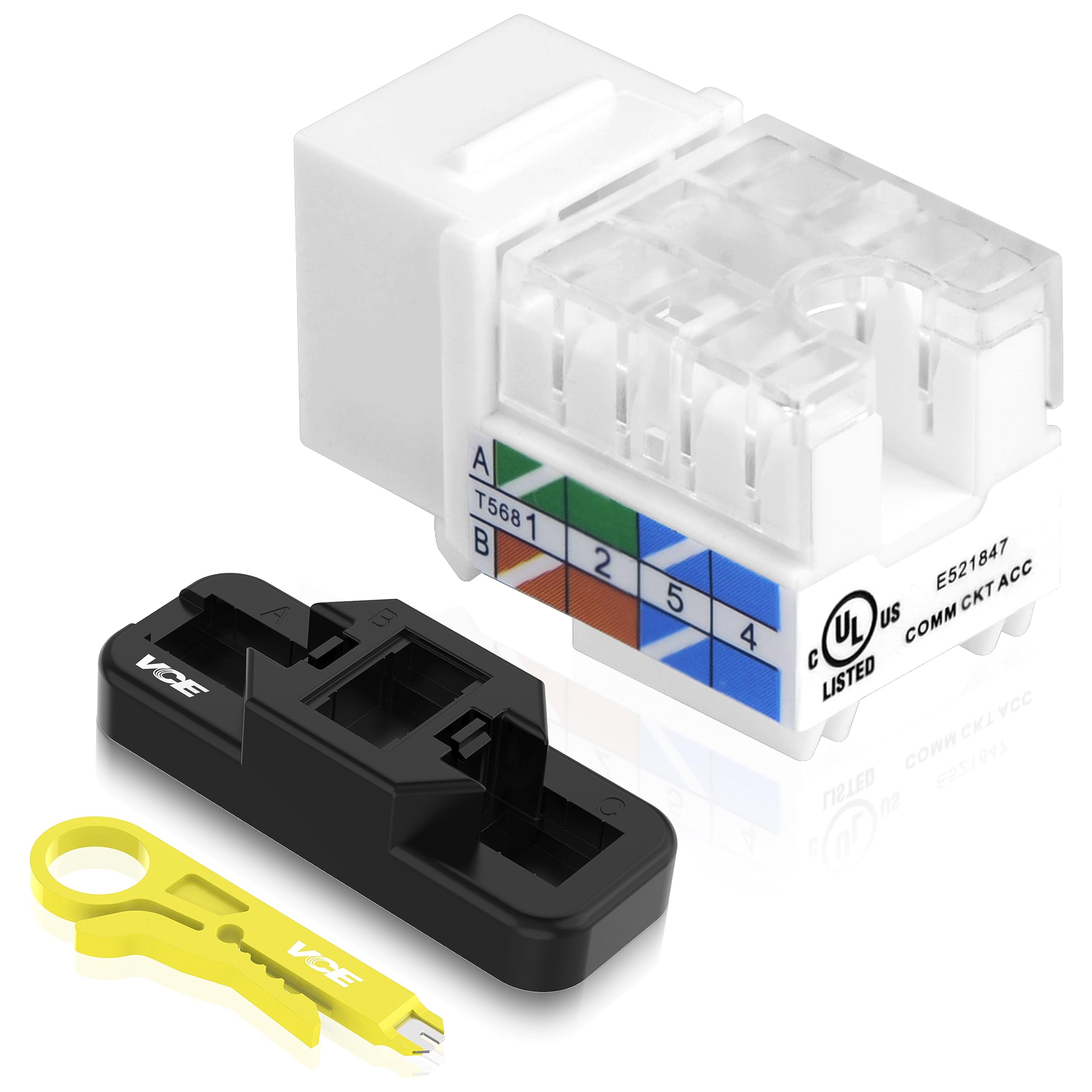 VCE Cat6A RJ45 Keystone Jacks UL Listed 50-Pack, 110-Type UTP Modular Ethernet Jacks Insert 10Gbps, Bundle with Keystone Punch Down Stand and Wire Stripper Cutter