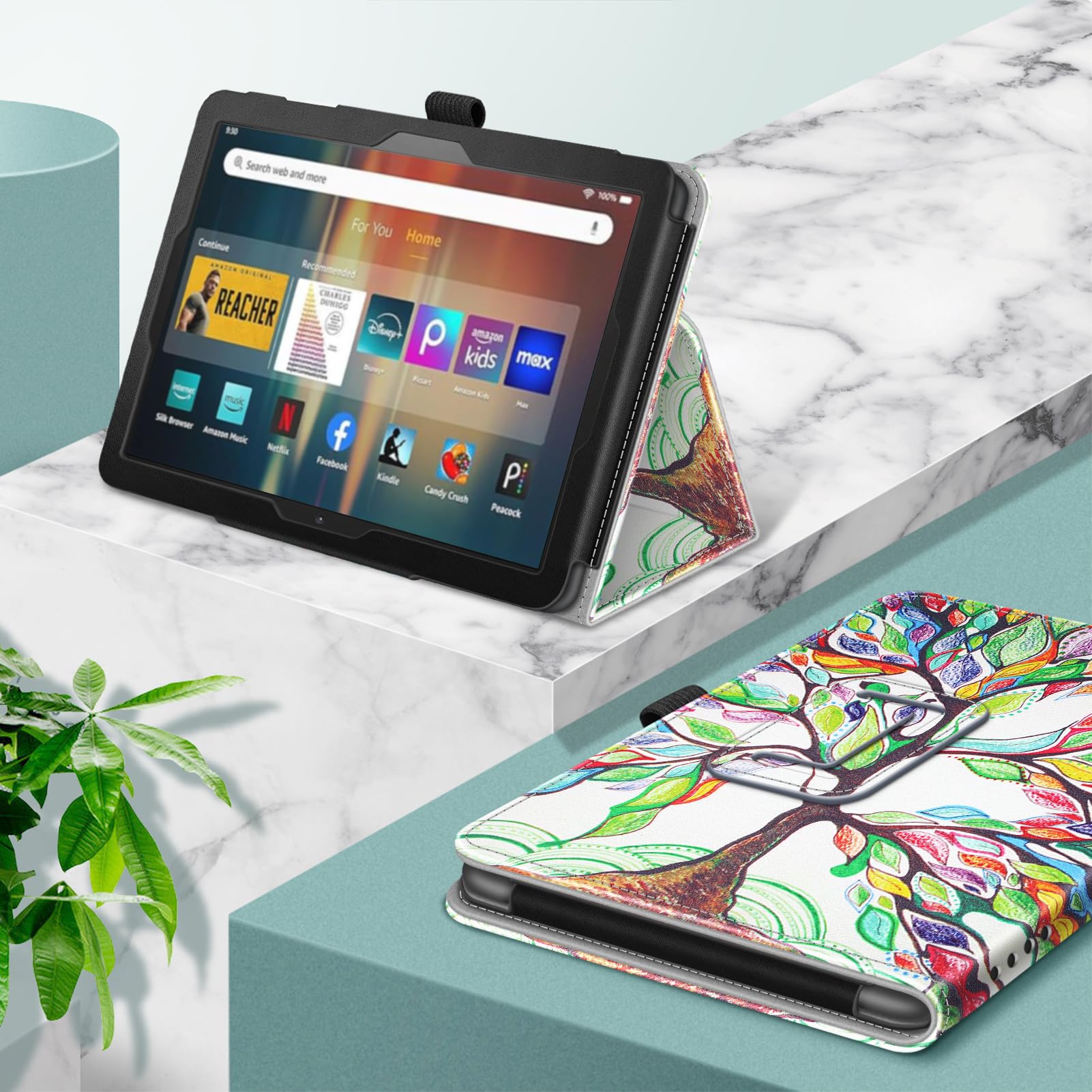 Fintie Folio Case for Amazon Kindle Fire HD 8 & Fire HD 8 Plus Tablet (12th Generation/10th Generation, 2024/2022/2020 Release)- Slim Fit Vegan Leather Stand Cover with Auto Sleep/Wake, Love Tree