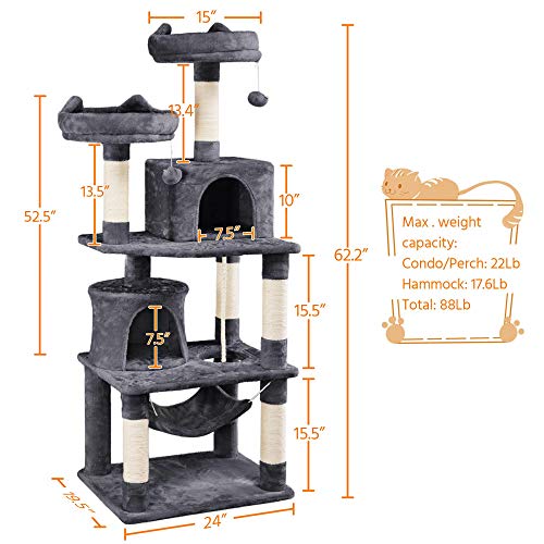 Yaheetech 62.2inches Cat Tree Cat Tower Cat Condo with Platform & Hammock, Scratching Posts for Kittens Pet Play House with Plush Perch for Indoor Activity Relaxing