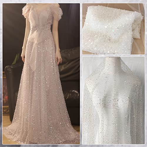 BENECREAT 63x39 Inch Glitter Tulle Fabric with Sequin and Beads, White Ribbon Netting Fabric for Clothing Accessories Sewing Quilting Apparel Crafts Decor