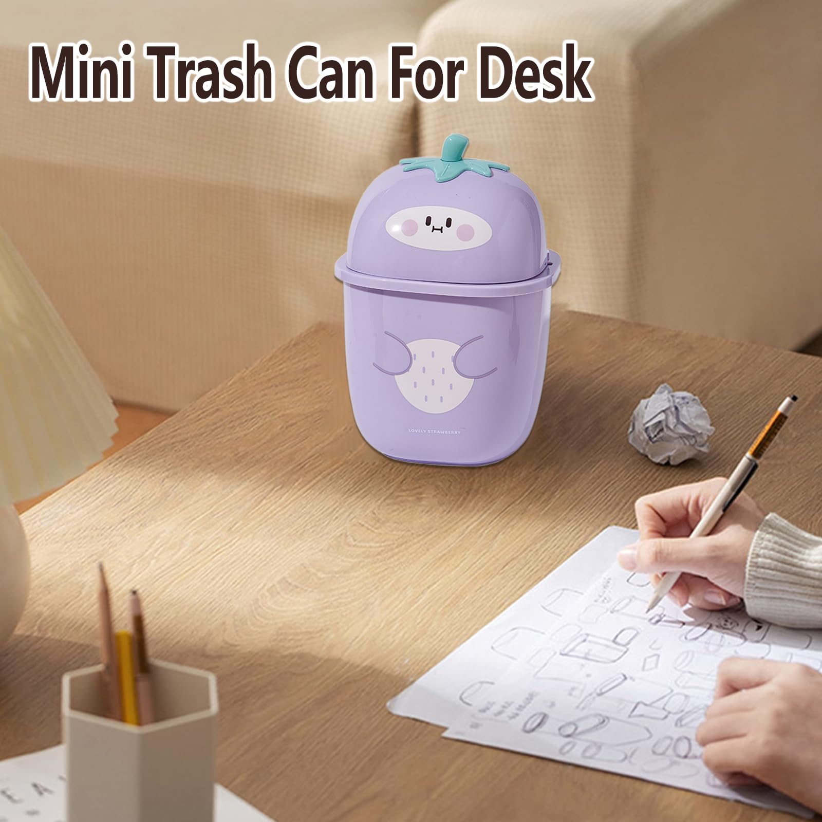 Benshukam Mini Trash Can with Lid 0.5 Gallons Small Trash Can Desktop Flip Countertop Garbage Cans for Bathrooms, Kitchens, Offices, Dressing Table (Purple)