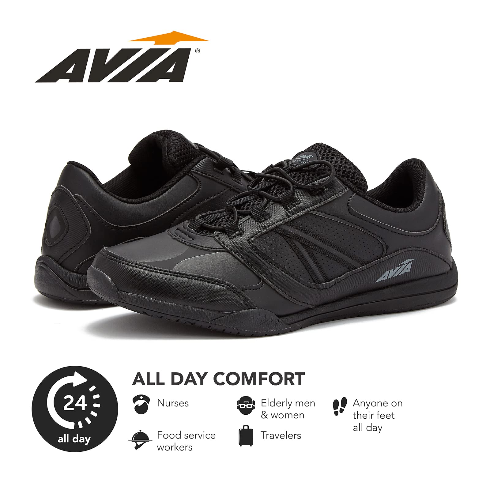 Avia Women's Avi-Focus Comfort Slip On Shoes for Work, Nursing, Restaurants, & Walking Food Service, Black/Metallic Iron Grey/Chrome Silver, 7.5 Wide