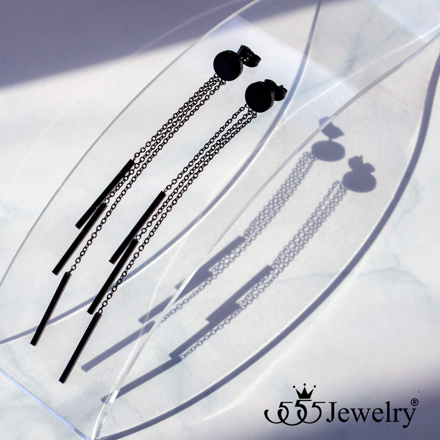 555Jewelry Womens Stainless Steel Chic Stylish Triple Bar Tassel Long Chain Drop Dangle Dangling Earring Pair Classic Fashion Accessory Jewelry Post Nut Earrings, Black