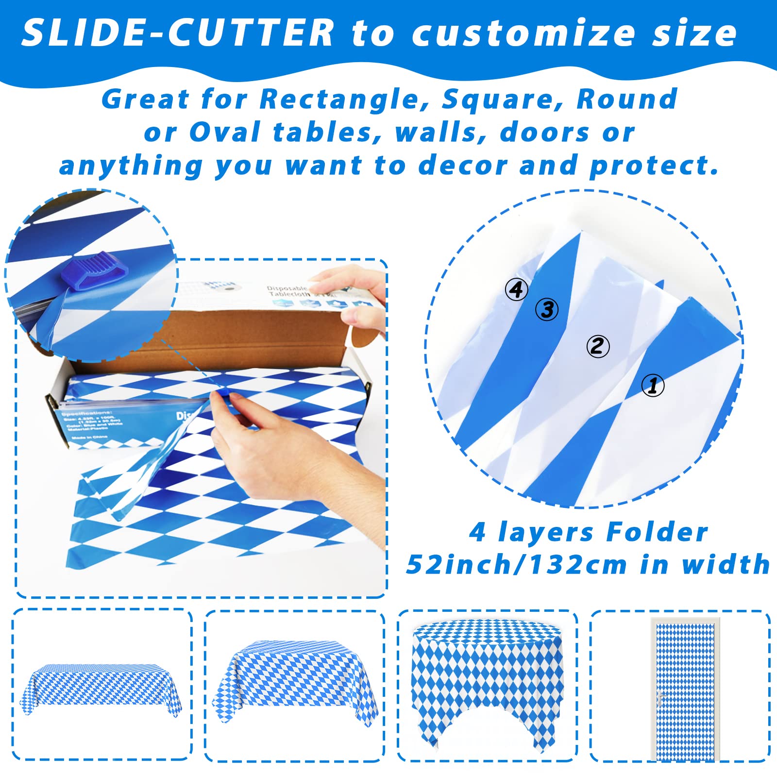 52 in x 100 Ft Oktoberfest Table Roll Party Accessory with Slide Cutter Plastic Table Cloth Roll Oktoberfest Bavarian Blue Diamonds Tablecover for German Themed Party Decorations