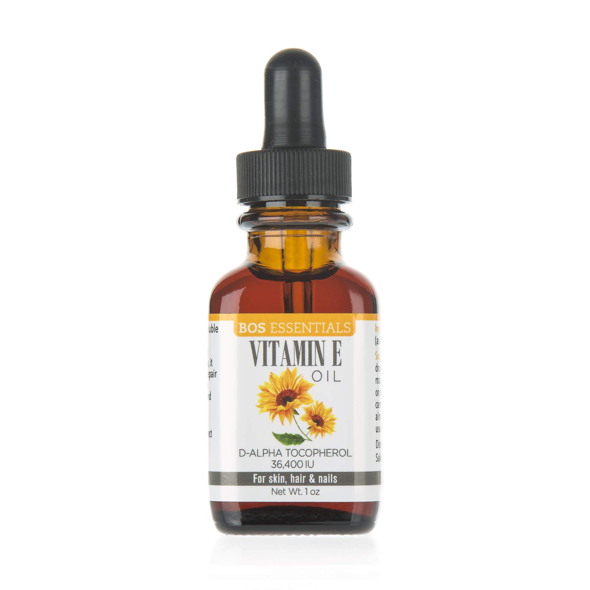 Bos Essentials Natural Vitamin E Oil (>90% D-Alpha Tocopherol) | Pure & Undiluted Oil | Diminishes The Appearance of Scars, Wrinkles, & Other Skin Abnormalities | Non-GMO