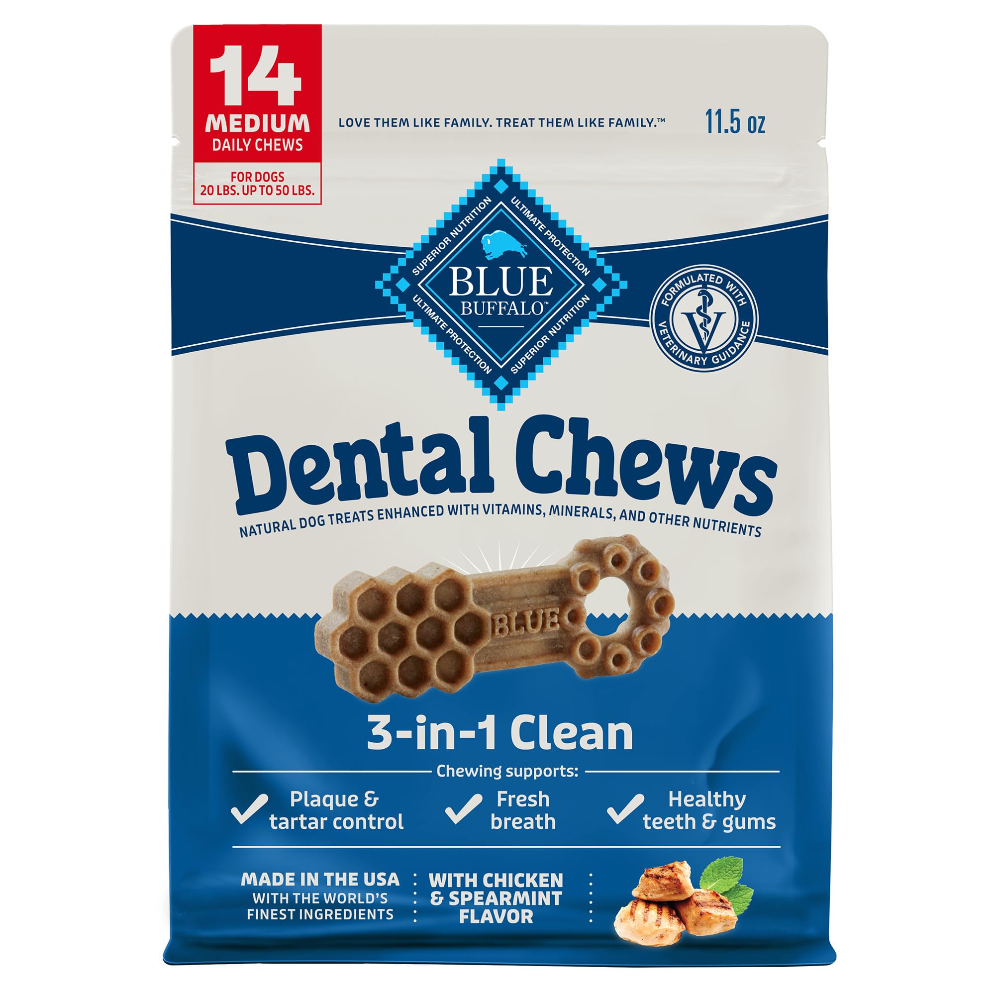 Blue Buffalo Medium Dental Chews for Dogs, Daily Dental Care Dog Treats Made in the USA with Natural Ingredients, Chicken & Spearmint (14 Count)