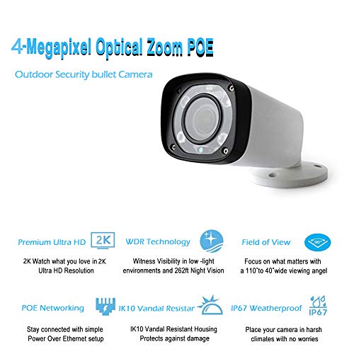 HITOSINO 4MP Bullet POE IP Camera Outdoor - F1.4 2.7~13.5mm 5X Optical Zoom Motorized Varifocal PoE Security Network Camera with EXIR 197ft Night Vision, Smart H.265+,120dB WDR,IP67