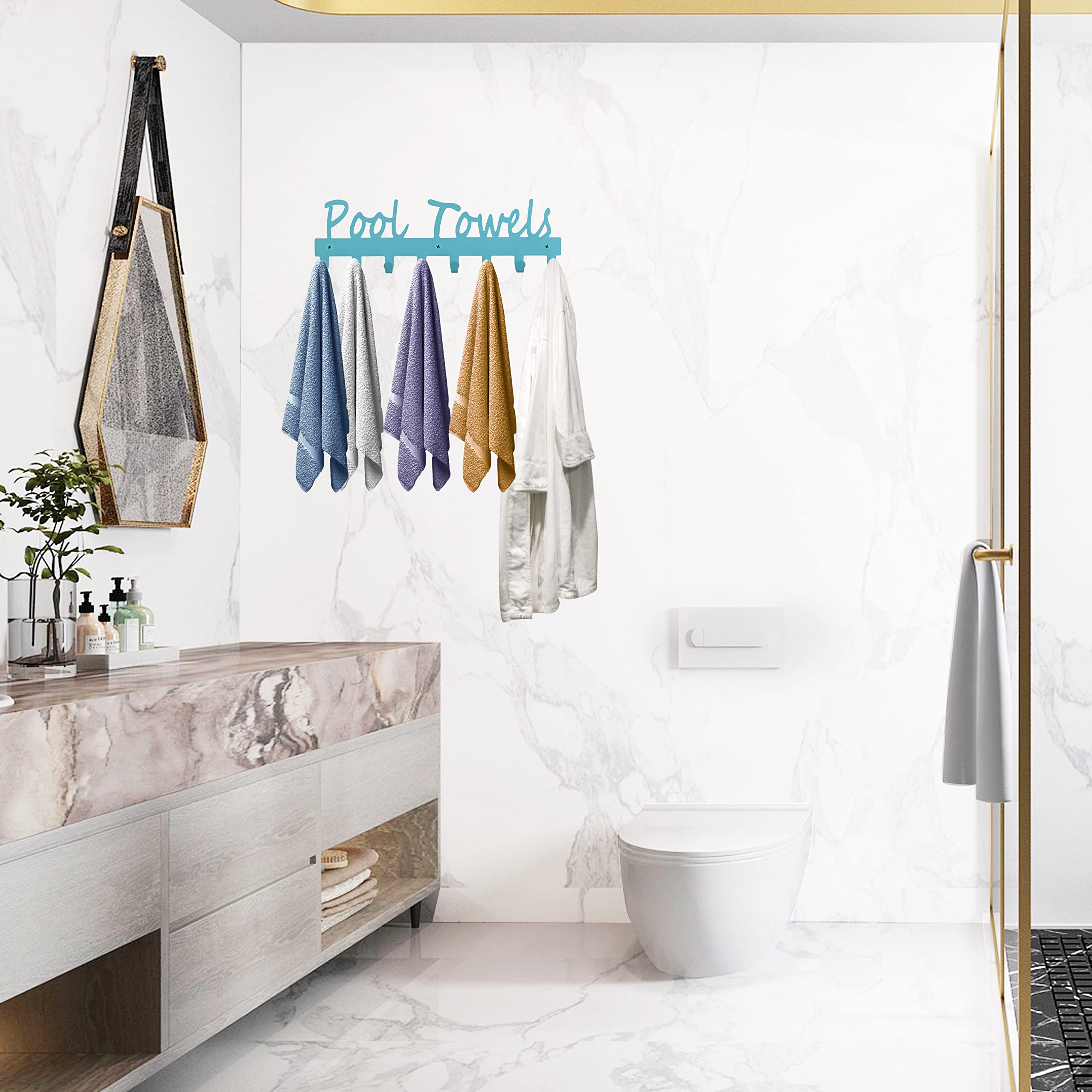 Pool Towel Rack for Bathroom Wall Mount Towel Hooks Towel Holder Carbon Steel Hanger Organizer Indoor Outdoor for Robe, Towel, Coat, Swimsuit, Umbrella, Bag, Keys(Blue)