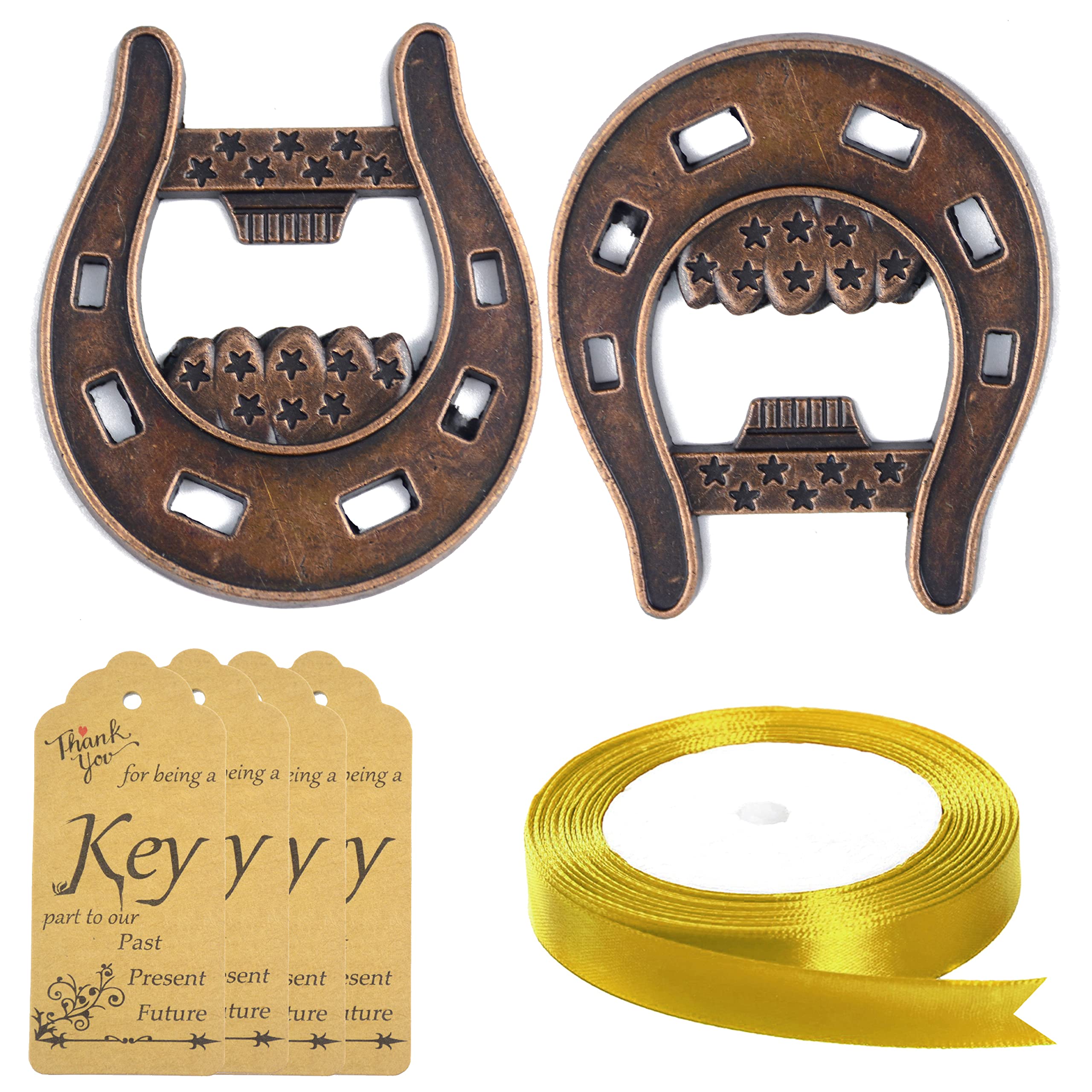 Aokbean 24Pcs Lucky Horseshoe Bottle Opener Wedding Party Favors, with Escort Tags and Ribbons for Rustic Vintage Bar Party Baby Shower Christmas Decorations Souvenirs Gift for Guests (Copper)