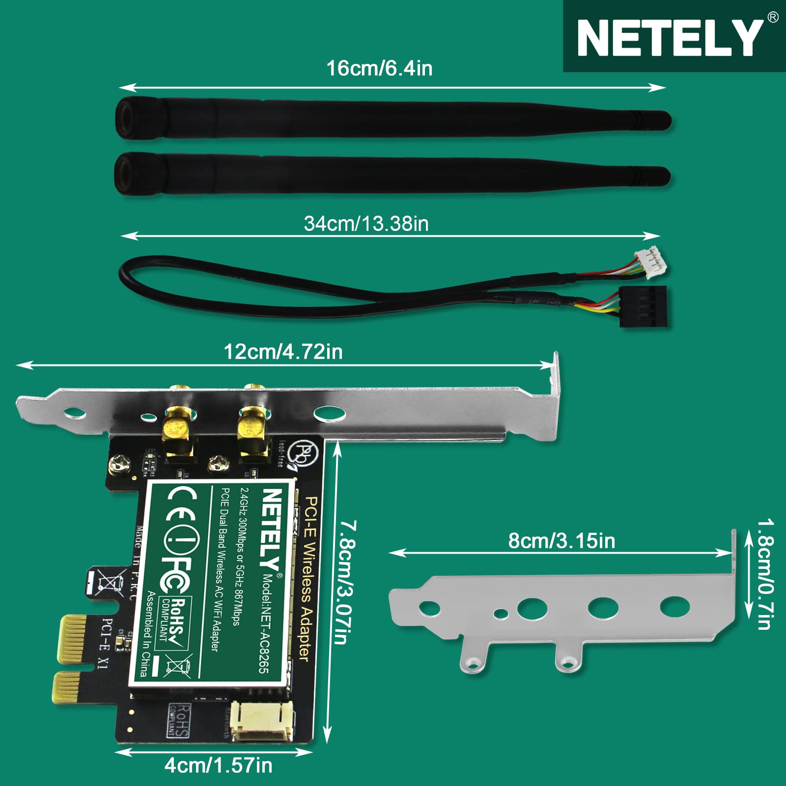 NETELY Dual Band Wireless-AC 1200Mbps PCIE WiFi Adapter with Bluetooth 4.2 for Windows 7, 8.x, 10, 11 64bit System Desktop PCs, 2.4GHz 300Mbps and 5GHz 867Mbps PCIE WiFi Card (NET-AC8265)