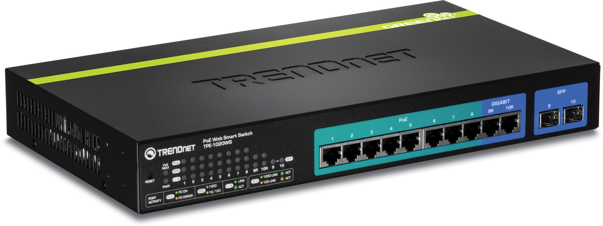 TRENDnet 8-Port Gigabit PoE+ and 2-Port Gigabit Ethernet Web Smart Switch with 2 Shared SFP Slots, Rack Mountable, TPE-1020WS (Renewed)