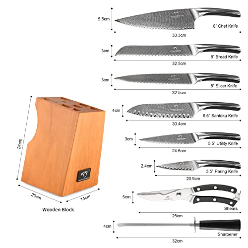 9 Pieces Damascus Kitchen Knife Set, Kitchen Knife Set with Block, ABS Ergonomic Handle for Chef Knife Set, Knife Sharpener and Kitchen Shears, Knife Block Set for Chopping, Slicing & Cutting