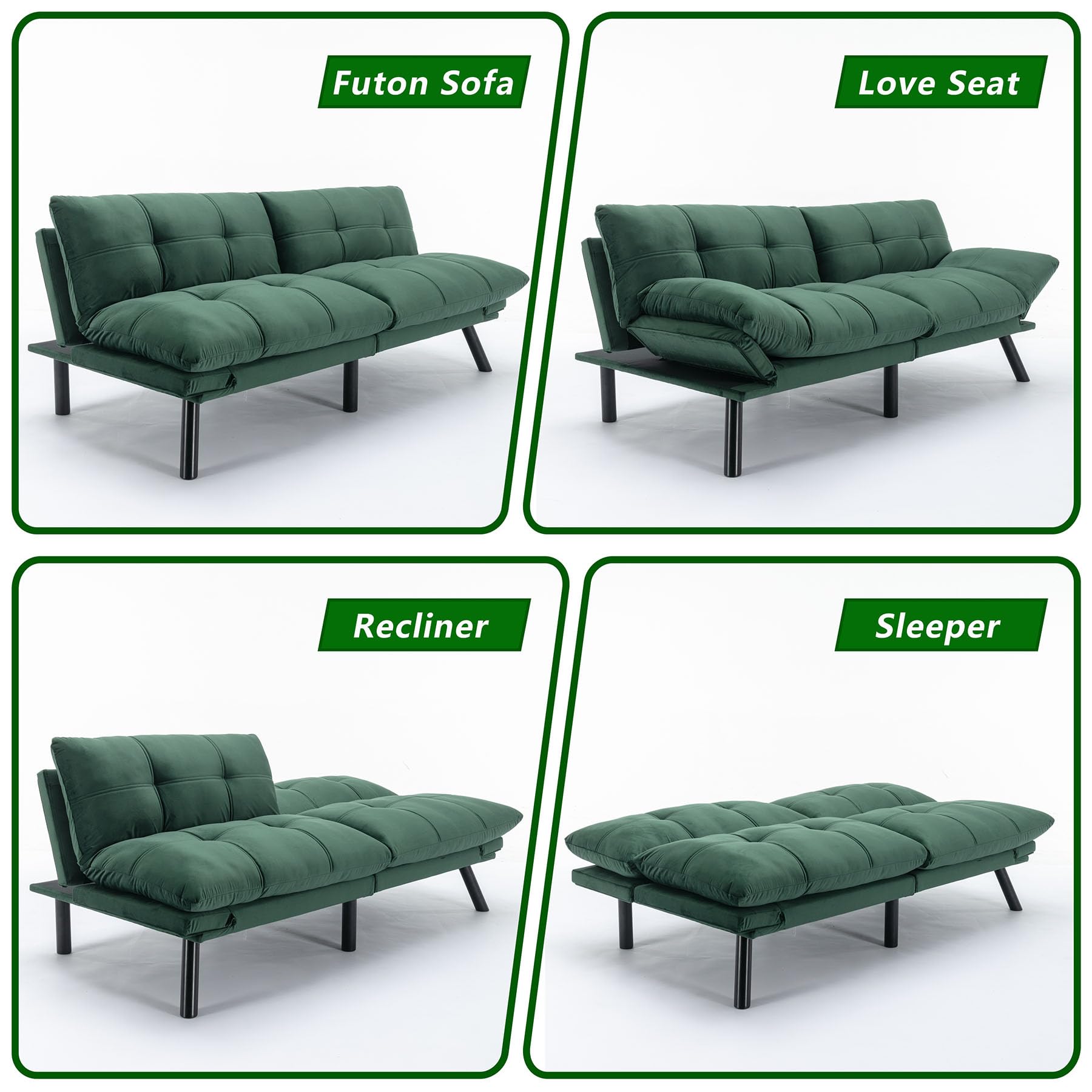 70β Modern Velvet Futon Couch Sleeper,Convertible Sleeper Sofa Bed with Adjustable Backrests and Folding Armrest for Living Room Bedroom Office Apartment,Split Back,Mattress Included (Green)